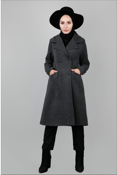 Zülays Kruvaze Kaşe Kaban Gri