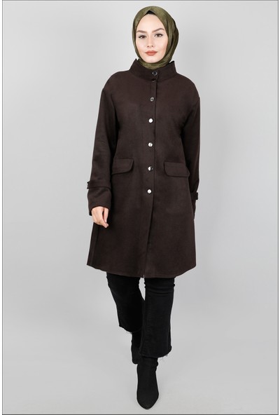 Zülays Tay Büyük Cepli Kaşe Kaban Kahverengi