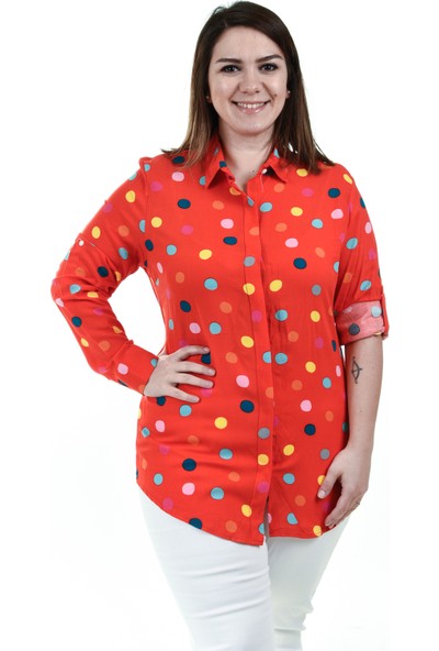 Işıltı fashion Kadın Büyük Beden Kırmızı Puantiyeli Gömlek