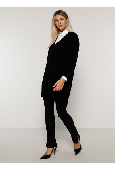 Alia Büyük Beden Düğme Detaylı Triko Hırka - Siyah - Alia 44 - 46