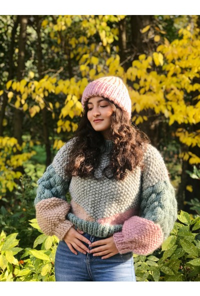 Piecears El Örgüsü Çok Renkli Balon Kol Kazak