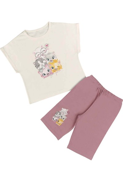 Donella Sevimli Kediler Baskılı Kız Çocuk Şortlu Pijama Takımı - 10083