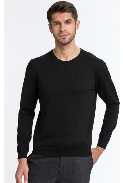 Hemington Bisiklet Yaka Siyah Saf Yün Triko