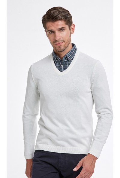 Hemington V Yaka Kırık Beyaz Saf Pamuk Triko