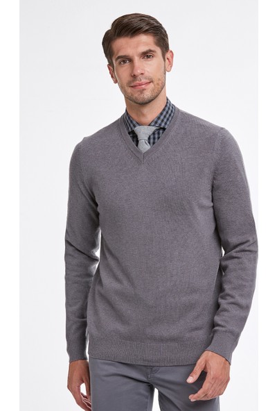 Hemington V Yaka Koyu Gri Yün Kazak