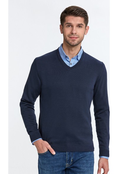 Hemington V Yaka Koyu Mavi Saf Pamuk Triko