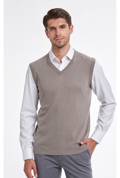 Hemington V Yaka Taş Rengi Yün Süveter