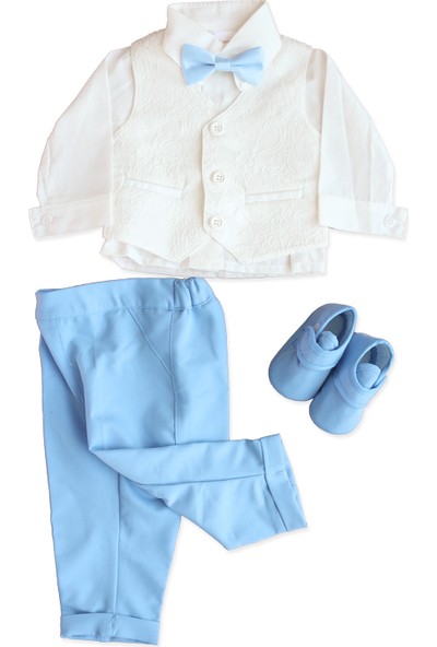 Minilola Ekru Renk Dantel Detay Yelekli Papyon Detaylı Takım Elbise