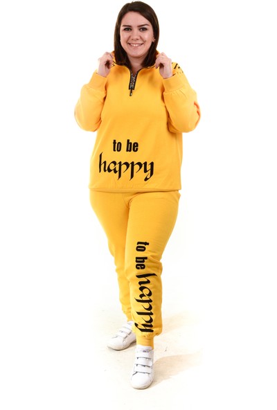 Işıltı fashion Sarı Renkli Yazılı Büyük Beden Eşofman Takımı