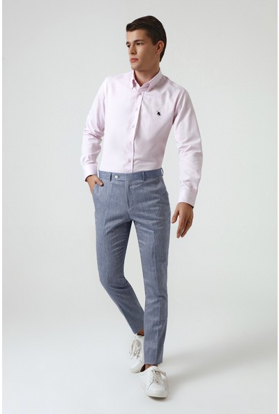 Twn Mavi Armürlü Keten Kumaş Pantolon