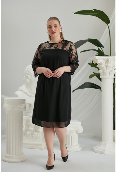 Rmg Omuz Dantel Detaylı Büyük Beden Siyah Şifon Elbise Rmg Omuz Dantel Detaylı Büyük Beden Siyah Şifon Elbise
