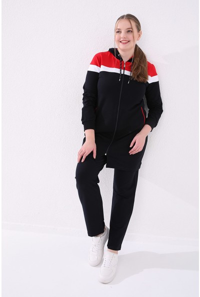 Tommy Life Lacivert-Kırmızı Kadın Kapüşonlu Cepli Rahat Form Klasik Paça Büyük Beden Tunik Takım-95060 Tommy Life Lacivert-Kırmızı Kadın Kapüşonlu Cepli Rahat Form Klasik Paça Büyük Beden Tunik Takım-95060