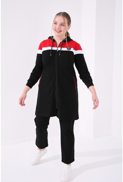 Tommy Life Siyah-Kırmızı Kadın Kapüşonlu Cepli Rahat Form Klasik Paça Büyük Beden Tunik Takım-95060