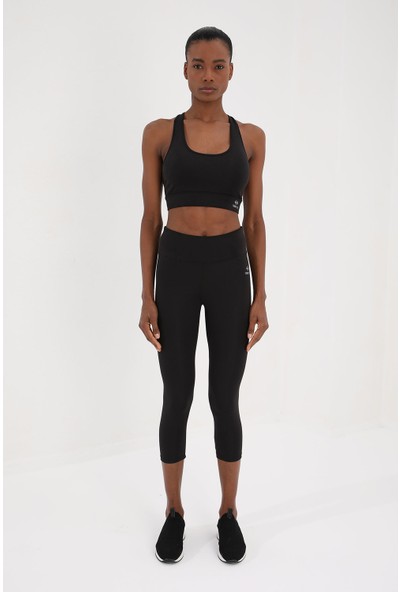 Tommy Life Siyah Kadın Yüksek Bel Toparlayıcılı Çapraz Sırt Detaylı Spor Büstiyer-Kapri Tayt Takım - 95283