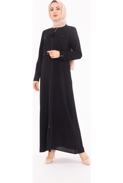 kadın siyah düğmeli ferace-bayan ferace-siyah renk ferace-cepli ferace-elbise ferace-tunik ferace