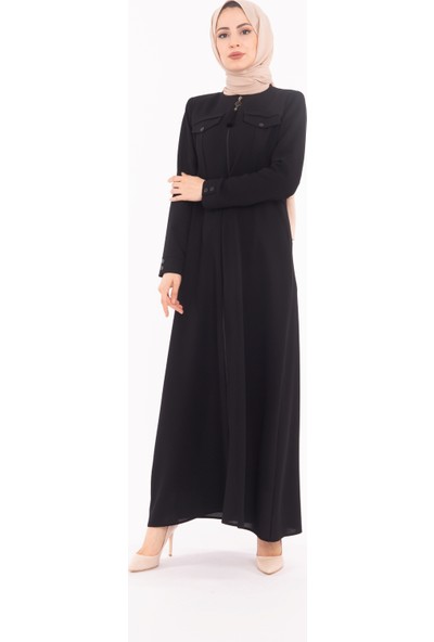kadın siyah düğmeli ferace-bayan ferace-siyah renk ferace-cepli ferace-elbise ferace-tunik ferace