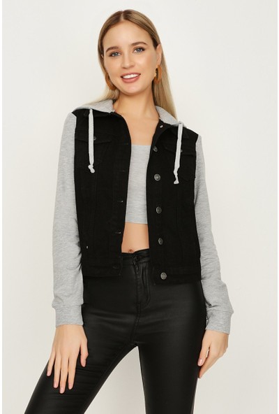 Select Kadın Siyah Gri Kapüşonlu Kot Ceket S053/2009/004 46