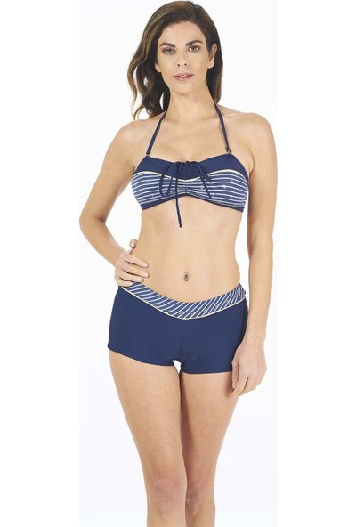 Estiva Kadın Ince Askılı Bağlama Detaylı Çizgi Desenli Şortlu Toparlayıcı Bikini