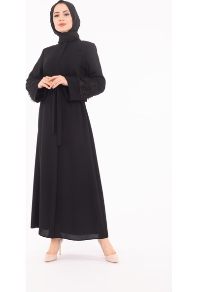 Yaprak Kadın Kemerli Siyah Ferace,kolları Püsküllü Ferace,abaya Ferace,bayan Belden Bağcıklı Ferace