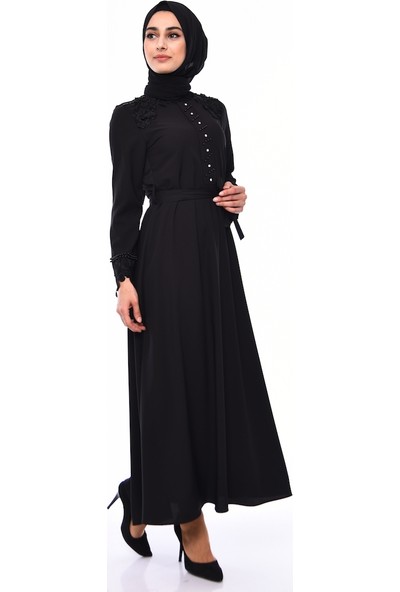 Modaness Kadın Dantel Garnili Incili Kuşaklı Tesettür Elbise 20019