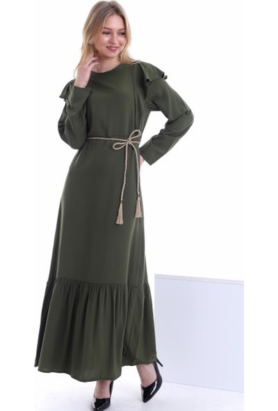 Modaness Kadın Büzgülü Bel Bağcıklı Omuz Volanlı Tesettür Elbise 4010 Modaness Kadın Büzgülü Bel Bağcıklı Omuz Volanlı Tesettür Elbise 4010