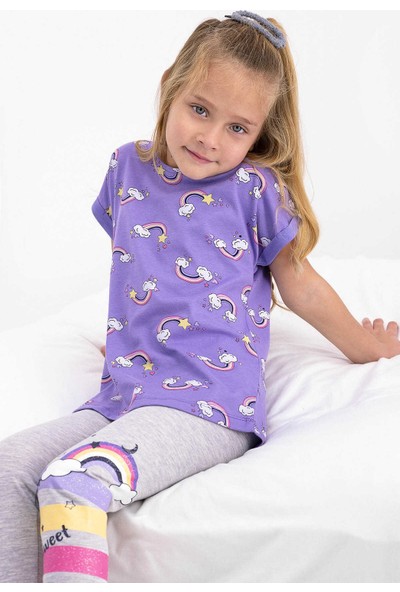 RolyPoly Roly Poly Kız Çocuk Mor Gökkuşağı Desenli Kısa Kol Tayt Takım