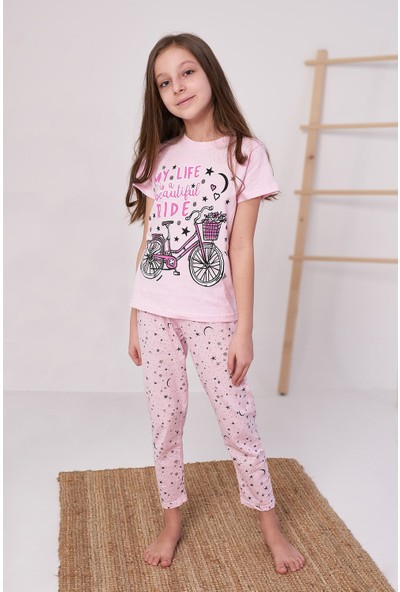 Zepkids Kız Çocuk Pijama Takımı Bisiklet Baskılı 4-12 Yaş