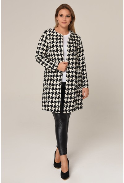 Disentis Modest Yuvarlak Yaka Kazayağı Desenli Önden Cepli Dokuma Ceket