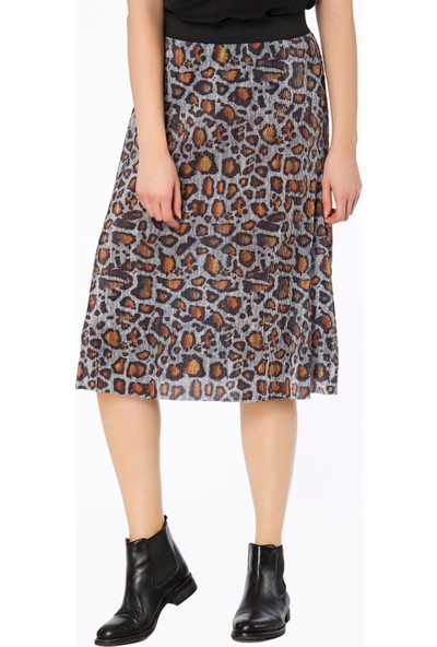 Bexy Kisinev Leopar Baskılı Gri Pilise Etek