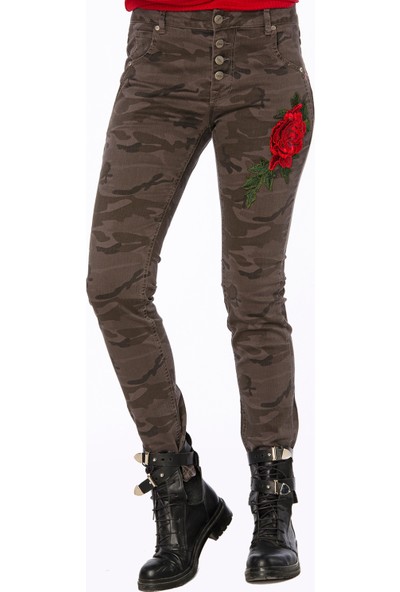 Bexy Dublin Gül Nakışlı Kamuflaj Gri Pantolon
