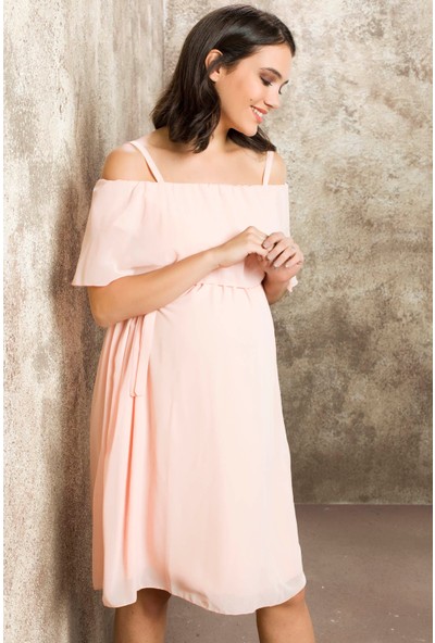 Gör&Sin Casual Hamile Askılı Şifon Elbise Pudra