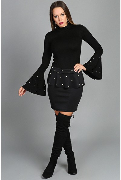 Womenice Fırfırlı İncili Etek Siyah