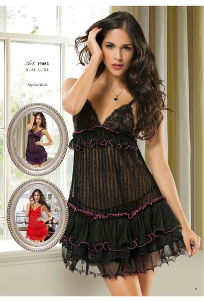 New Night Siyah Babydoll String Set 19084