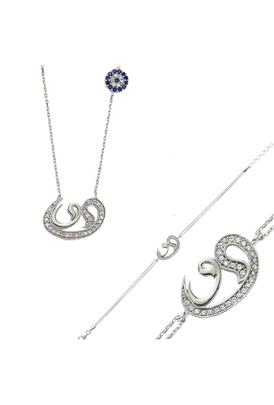 Gumush 925 Ayar Gümüş Vav Kolye, Bileklik Set - Hediye Paketiyle