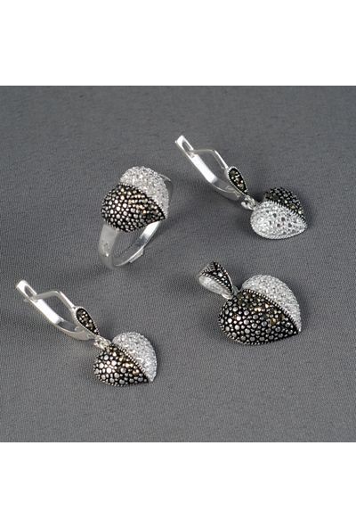 Sümer Telkari Kalpli Markazit Taşlı Gümüş Set 401