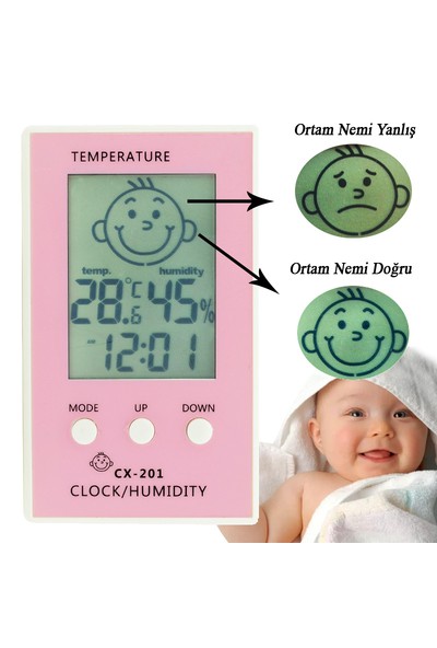 Çocuklar için İç Mekan Termometre ve Nem Ölçer,Saatli-thr103