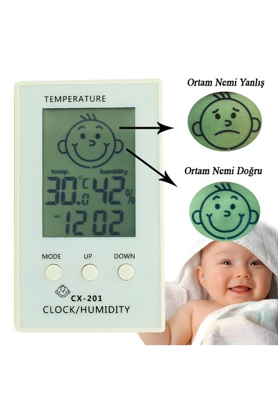 Çocuklar için İç Mekan Termometre ve Nem Ölçer,Saatli-thr104