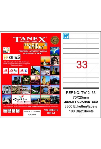 Tanex Tw-2133 70 Mm X 25 Mm 100 Sayfa Lazer
