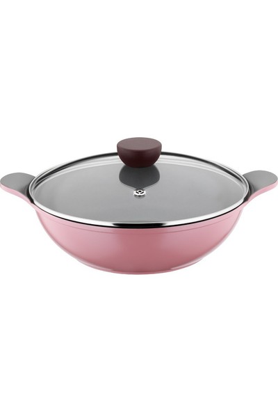 Kütahya Porselen Cerapure 28 Cm Wok Tava Cam Kapaklı Pembe