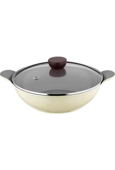 Kütahya Porselen Cerapure 28 Cm Wok Tava Cam Kapaklı Sarı