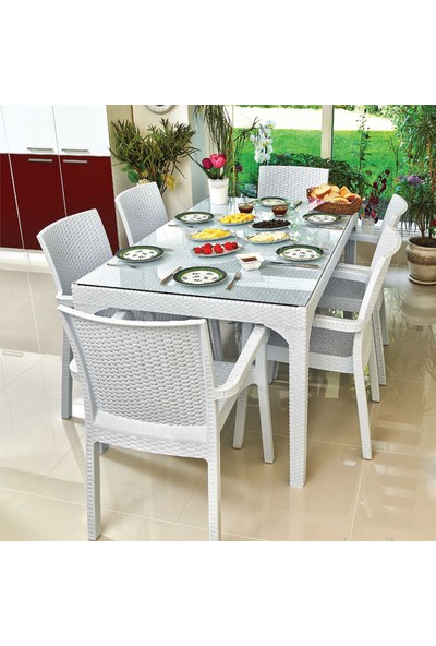 Holiday Rattan Plastik Oturma Grubu (90X150 Camlı Masa + 6 Rattan Koltuk) Rattan Sehpa Hediyeli Holiday Rattan Plastik Oturma Grubu (90X150 Camlı Masa + 6 Rattan Koltuk) Rattan Sehpa Hediyeli