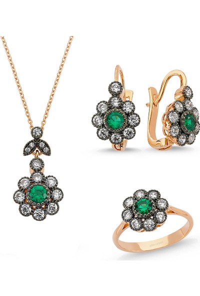 AltınSepeti Altın Yeşil Beyaz Taşlı Gül Modeli Takım AS8TK9T3
