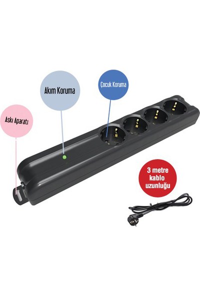 Goldmaster Sp-404 3 Metre 4 Yollu Akım Korumalı Priz