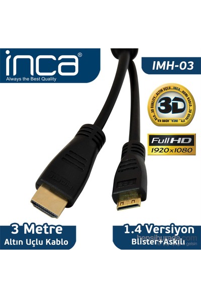 Inca IMH-03 Mini HDMI-HDMI v1.4 3D 3m Full HD Altın Uçlu Kablo Inca IMH-03 Mini HDMI-HDMI v1.4 3D 3m Full HD Altın Uçlu Kablo