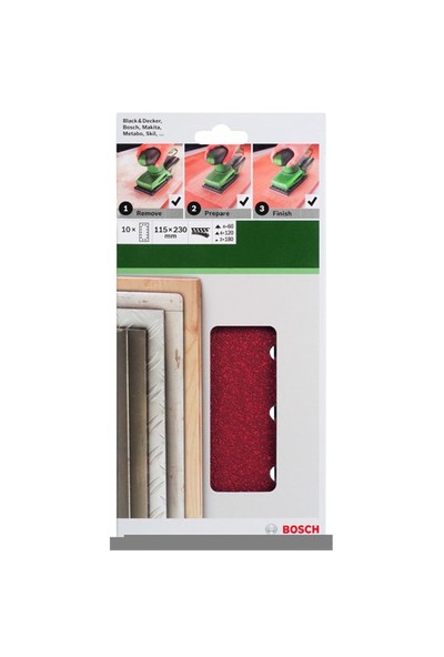 Bosch - Titreşimli Zımpara Kağıdı 10'Lu Set, 115 X 230 Mm 60/120/180 Kum 14 Delik