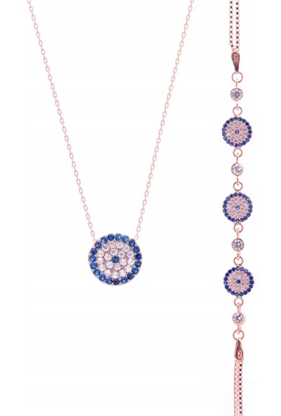 Hiç Gümüş Nazar Boncuklu 925 Ayar Gümüş Zirkon Taşlı Rose Kolye Bileklik Takım