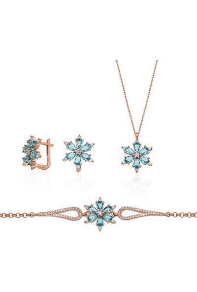 Gümüş Pazarım Turkuaz Renkli Aster Çiçeği Gümüş Set