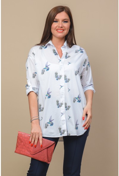 Tusse Kuş Desenli Pamuklu Kadın Büyük Beden Gömlek Tusse Kuş Desenli Pamuklu Kadın Büyük Beden Gömlek
