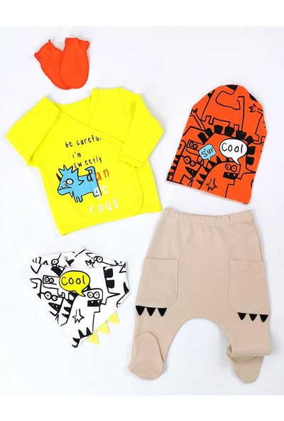 Cenay Ejderhalı Yenidoğan Unisex Bebek 5 Li Hastane Çıkışı Sarı