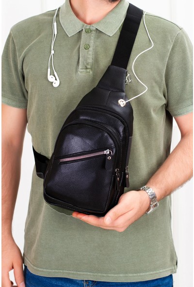 Avca Unisex Siyah Deri Kulaklık Çıkışlı Çapraz Askılı Bel Omuz Çanta